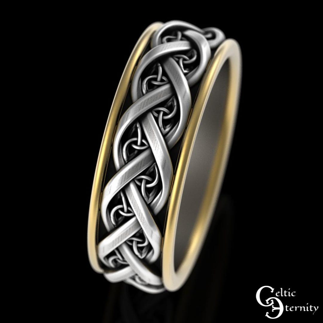 Celtic Trinity Knot 2tone Wedding Band, Groom Sterling & 10K Gold Scottish Wedding Ring, Simple ...