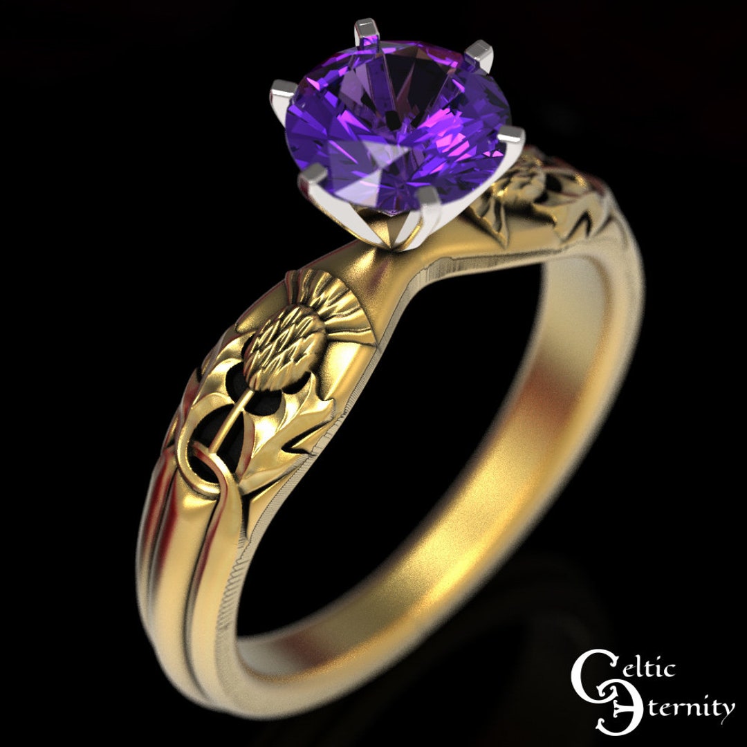 Gold & Amethyst Thistle Engagement Ring, 10K Thistle Ring, Scottish ...