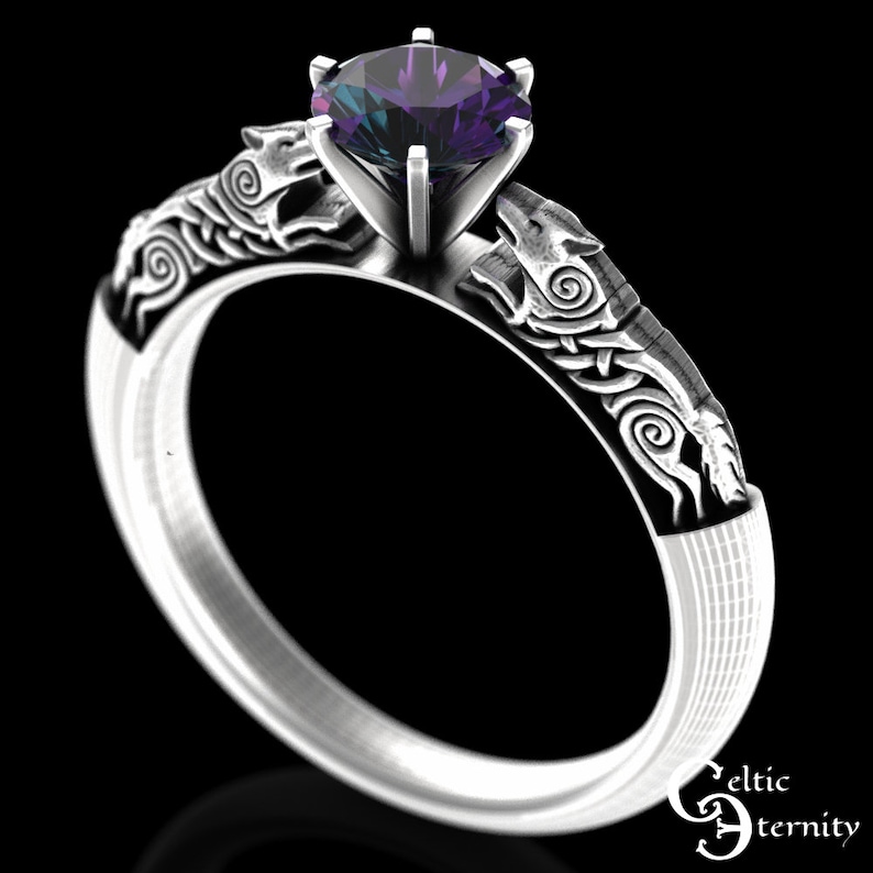 Alexandrite Wolves Bridal Ring, Viking Wolf Engagement Ring, Sterling ...
