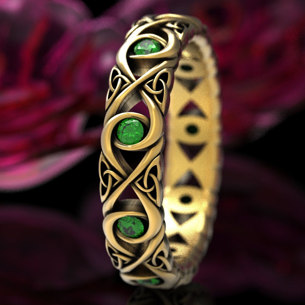 Celtic Gold Wedding Ring With Emeralds Infinity Knot Wedding | Etsy