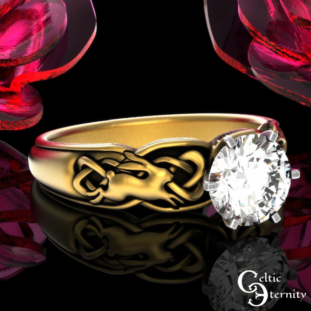 Gold Rabbit Engagement Ring, 10K Celtic Bunny Wedding Ring, 14K Gold ...