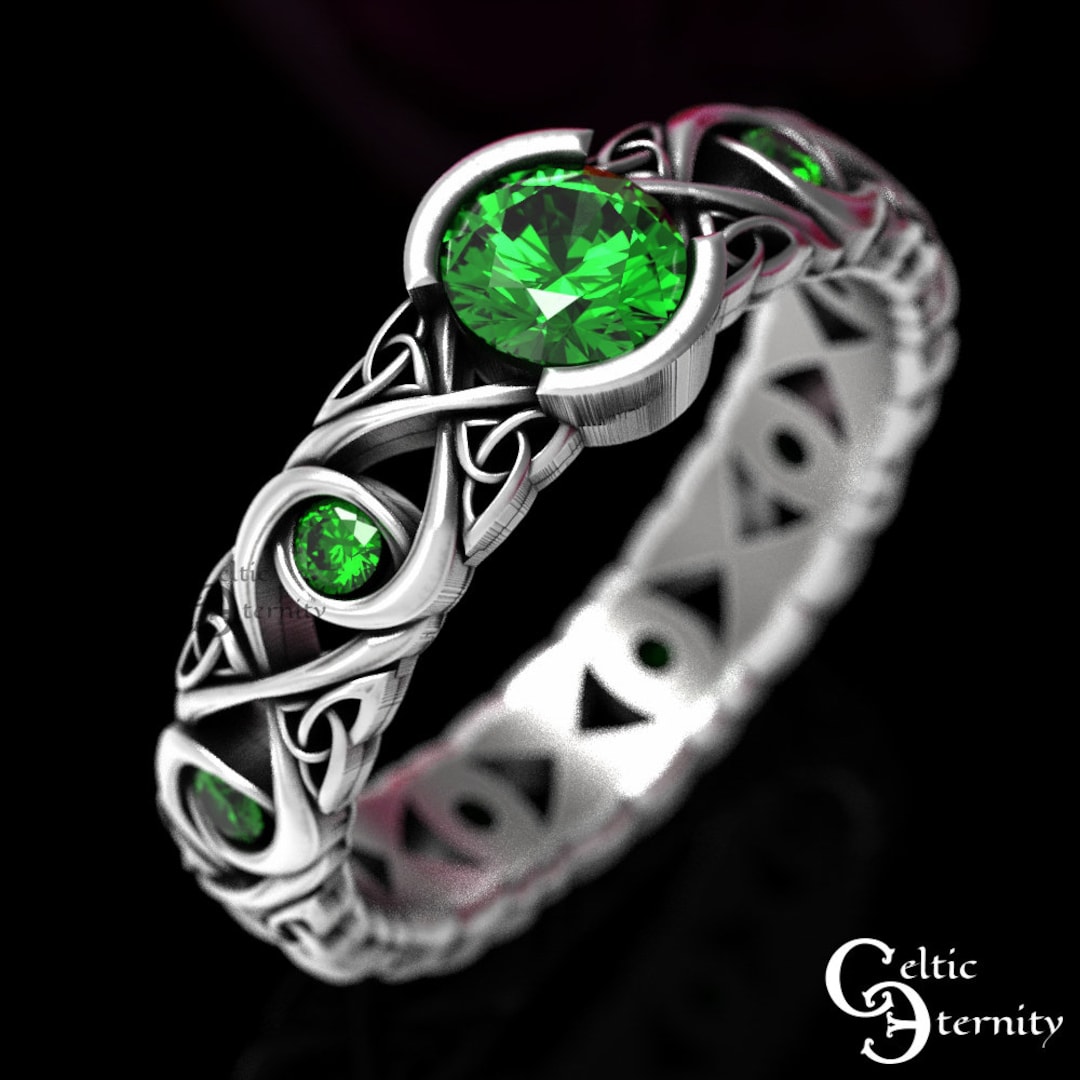 Celtic Engagement Ring With Emeralds, Sterling Emerald Wedding Ring ...