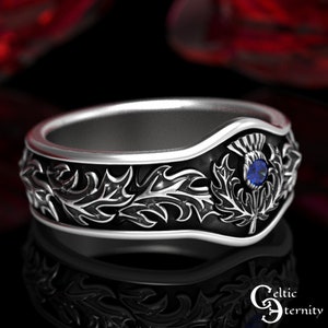 Gold Thistle Ring, Sapphire Gold Ring, Scottish Thistle Ring, Thistle ...