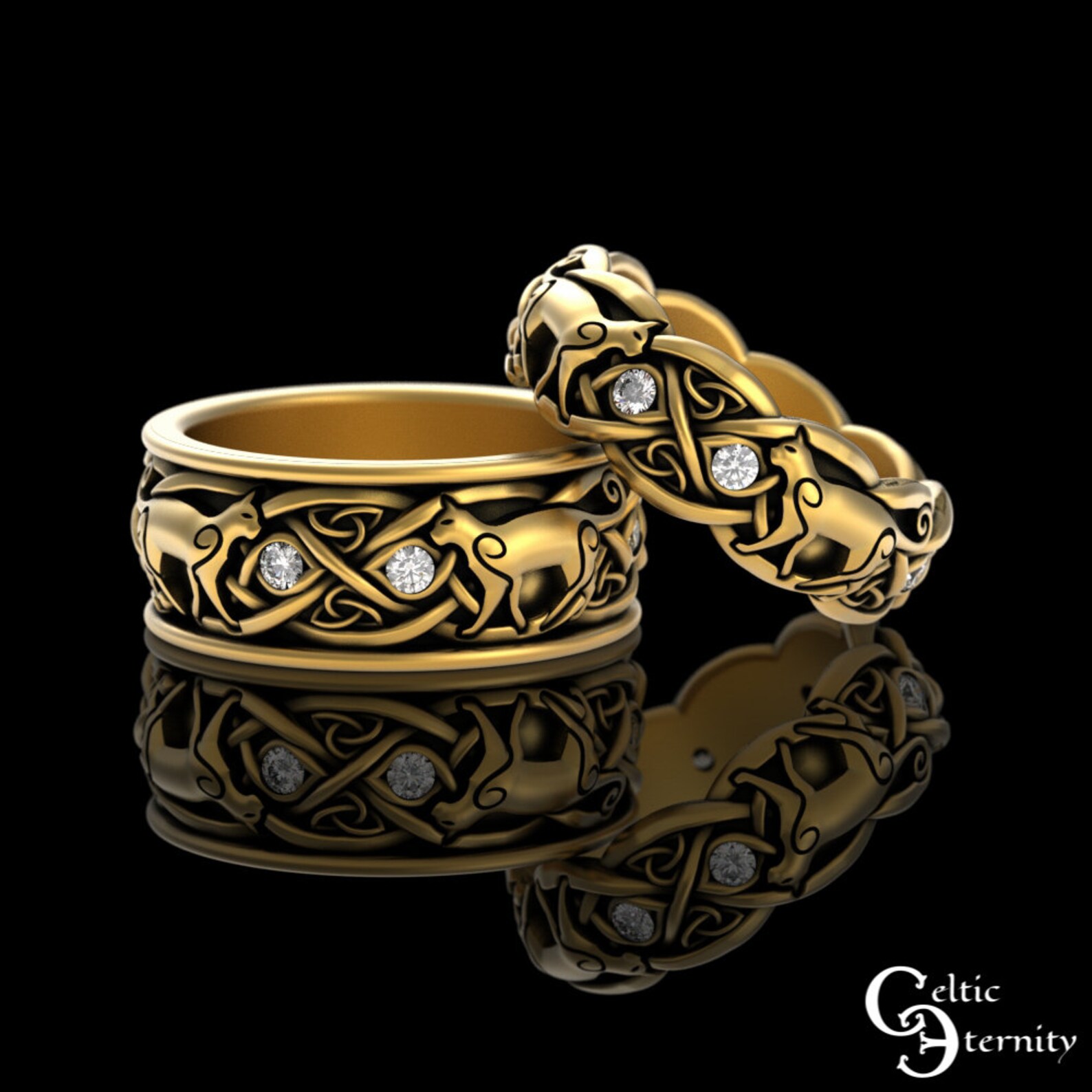 10K 14K Gold Cat Matching Wedding Bands, White Gold Feline His Hers ...