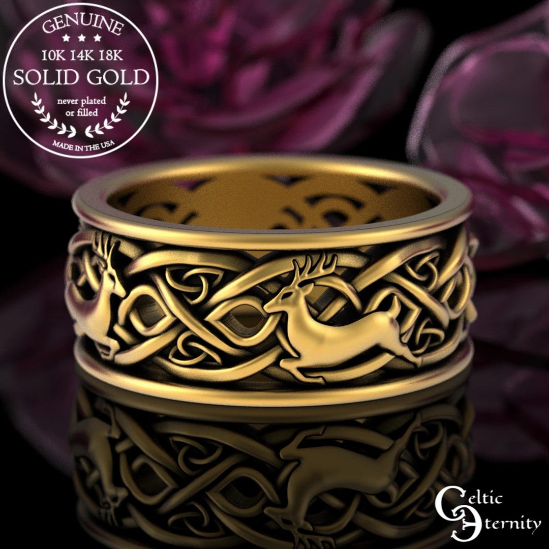10K Gold Deer Ring, Mens Gold Stag Buck Antler Ring, 14K Gold Celtic ...
