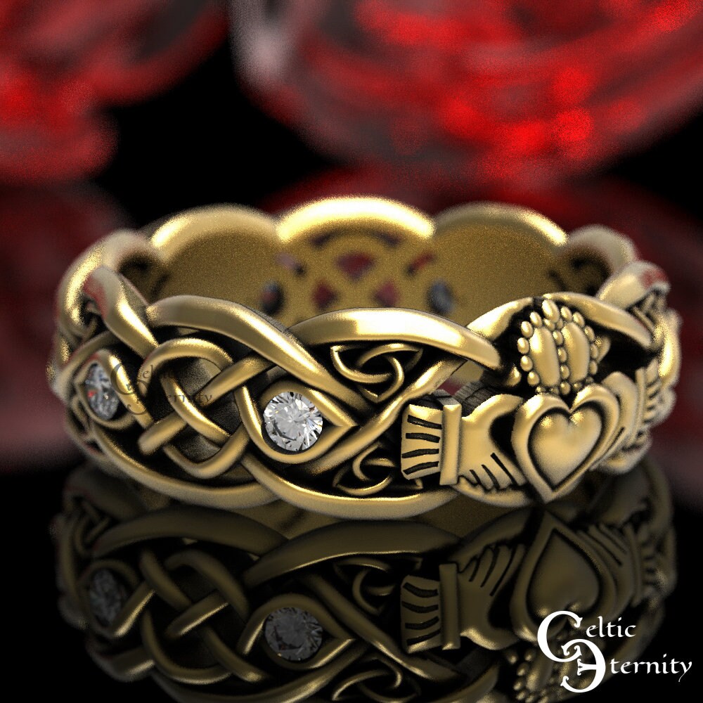 Gold Claddagh Ring with Moissanites, Modern Claddagh Wedding Ring ...