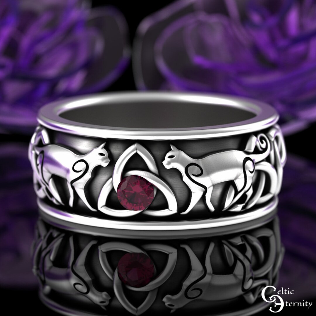 Silver Ruby Cat Ring, Sterling Celtic Cat Wedding Ring, Irish Cat ...