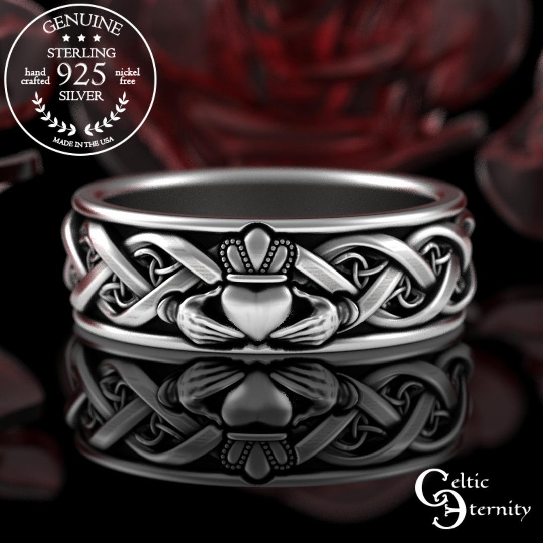 Mens Claddagh Knotwork Ring, Sterling Groom Irish Heart Hands Wedding ...