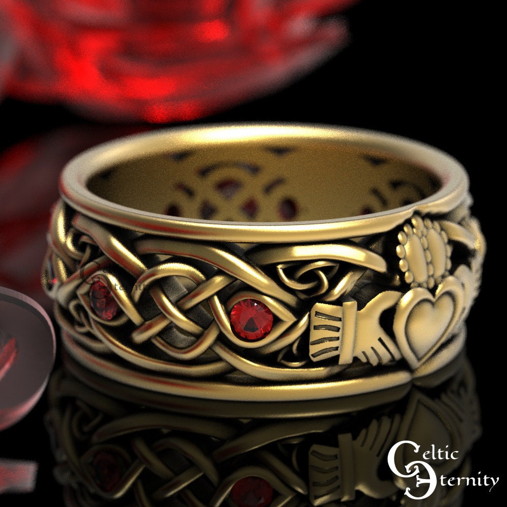 Gold Claddagh Ring with Rubies Modern Claddagh Wedding Ring | Etsy