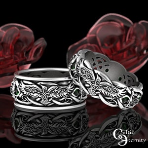 Matching Emerald Raven Wolf Ring Set, His Hers Sterling Celtic Matching ...