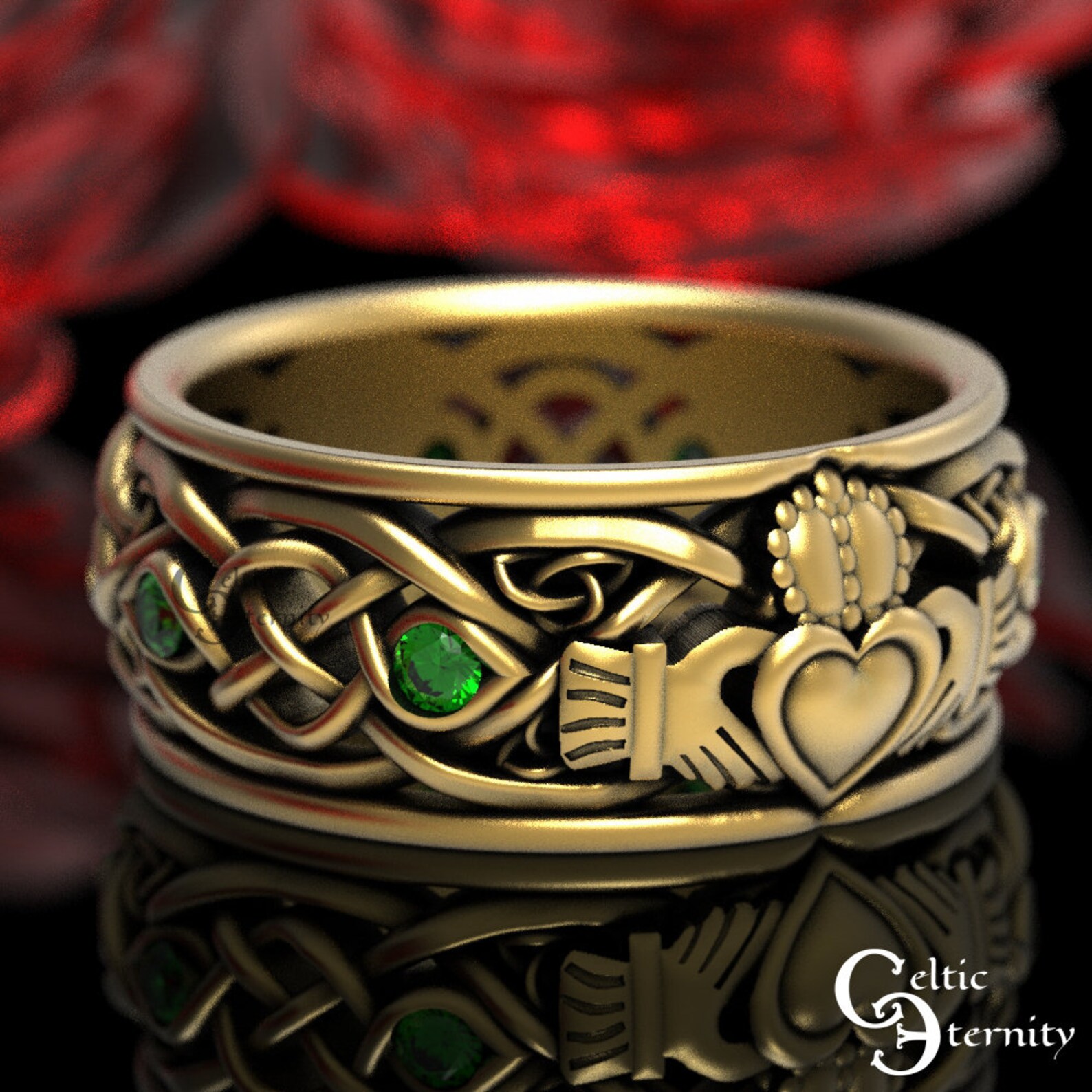 Gold Claddagh Ring With Emeralds Modern Claddagh Wedding | Etsy