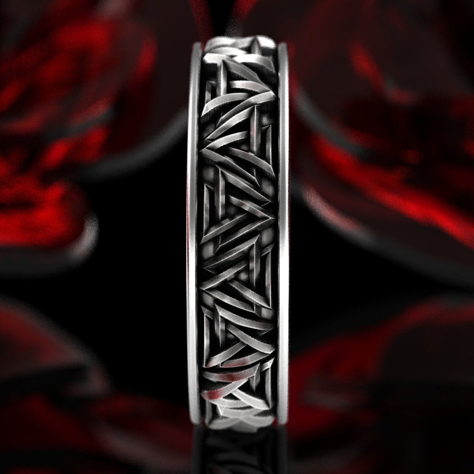 Valknut Wedding Band Set, Sterling Silver Interlocking Triangles Ring ...