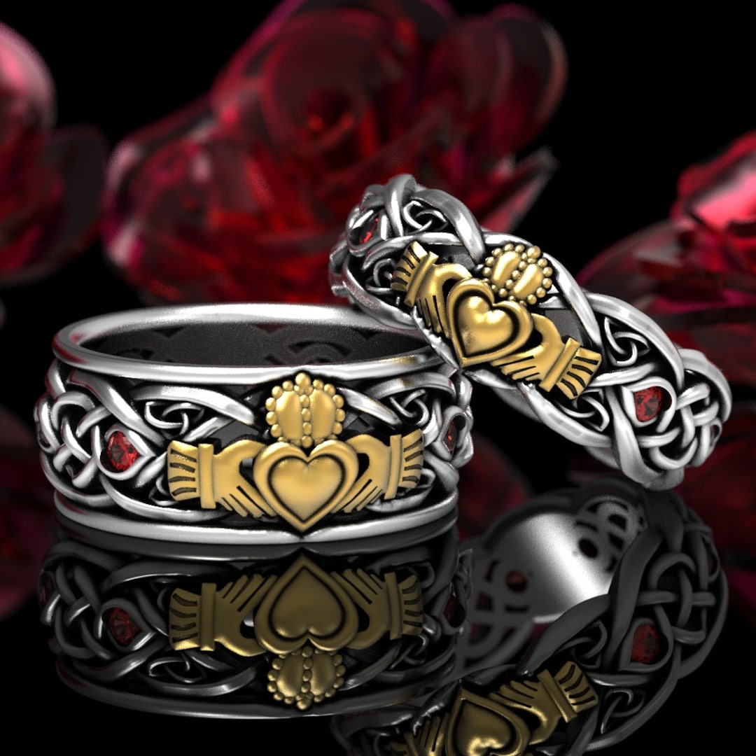 Sterling & 10K His Hers Claddagh Ring Set, 2tone Ruby Claddagh Wedding Rings, Matching Celtic ...
