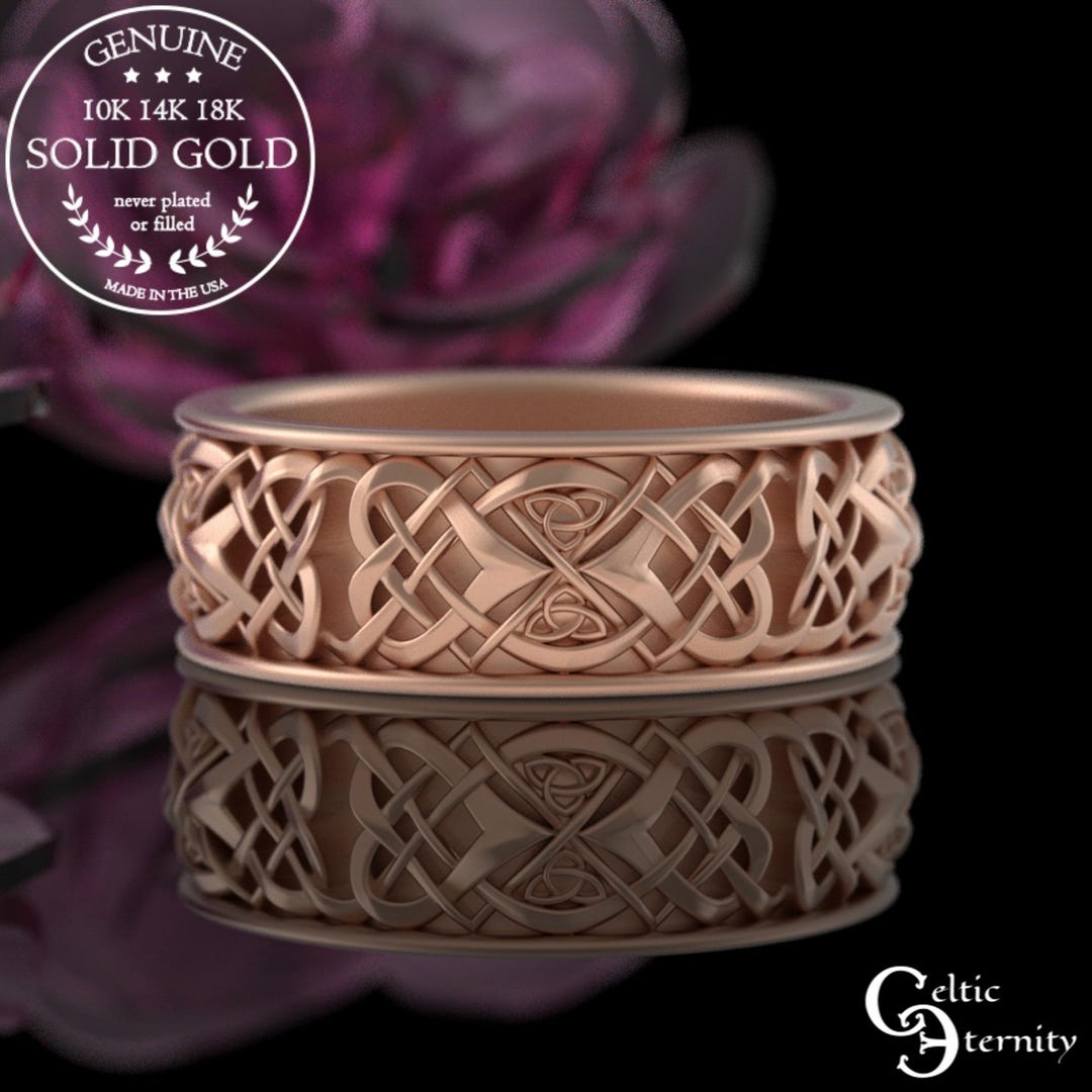 10K Rose Gold Celtic Wedding Band, Mens Rose Gold Irish Ring, 14K Gold ...