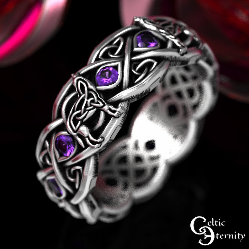 Amethyst Wolf Wedding Ring Sterling Silver Wolf Ring Wolf | Etsy