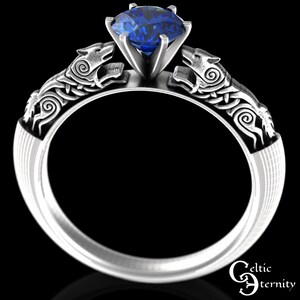 Celtic Solitaire Ring, Celtic Wolf Engagement Ring, Sterling Wolf Ring, Celtic Sapphire Ring ...