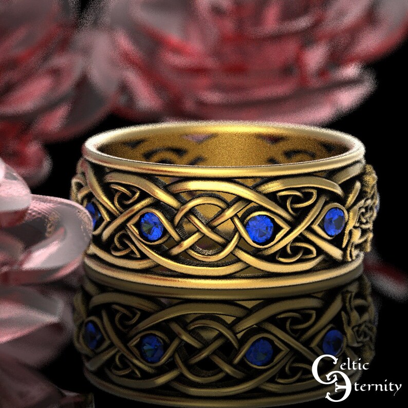 Sapphire Howling Wolf Ring, Gold Wolf Wedding Band, Mens Gold Wolf ...