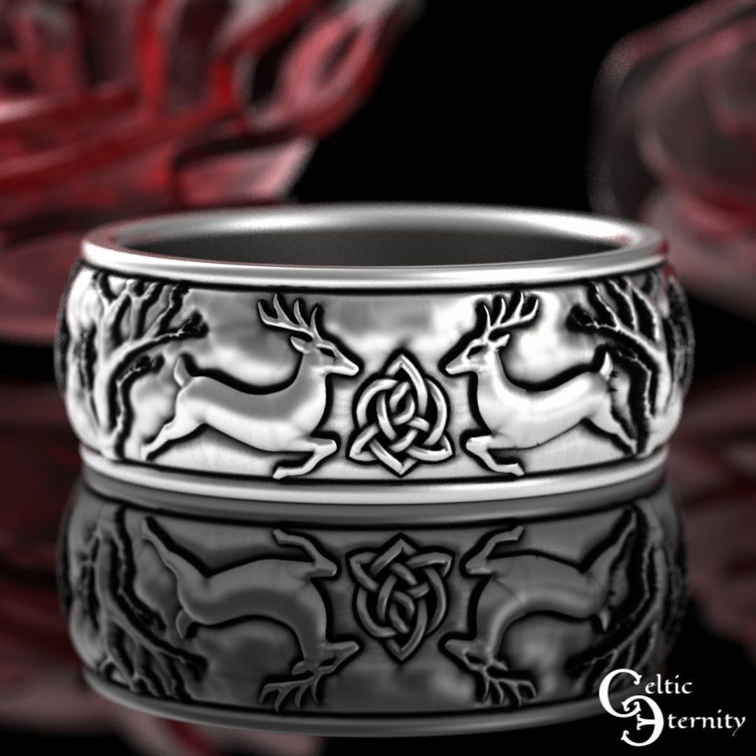 Forest Deer Ring, Sterling Silver Deer Wedding Band, Mens Deer Ring ...