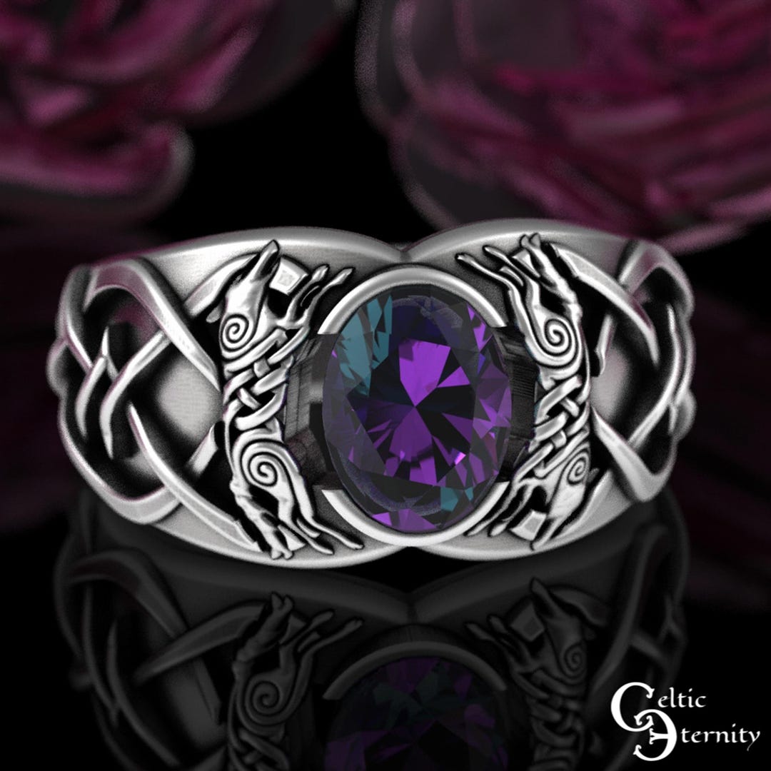 Mens Wolf Engagement Ring, Alexandrite & Sterling Wolves Statement Ring ...