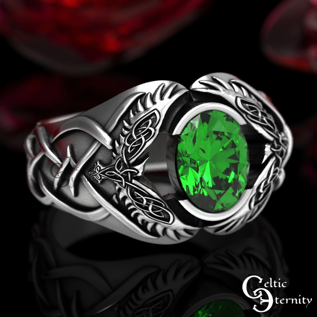 Sterling Viking Raven Ring, Emerald Signet Ring, Odin Raven Ring, Men ...