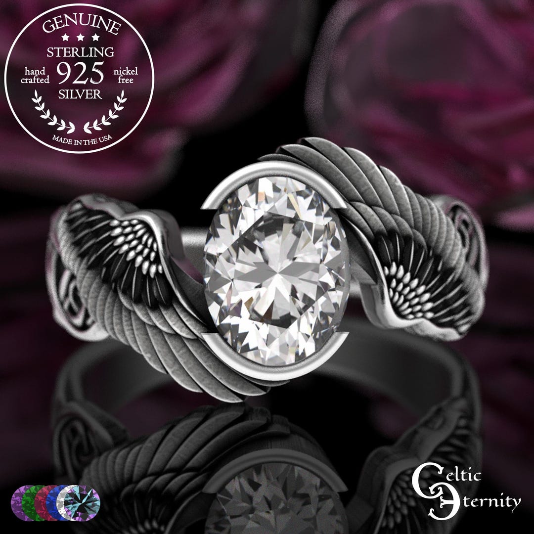 Sterling Norse Valkyrie Engagement Ring, Oval Seraphim Wedding Ring ...