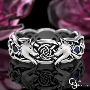Womens Sapphire Wolf Ring, Sterling Celtic Wedding Band, Silver ...