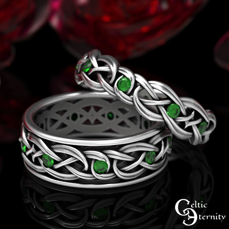 Matching Celtic Ring Set Sterling Emerald Wedding Bands - Etsy