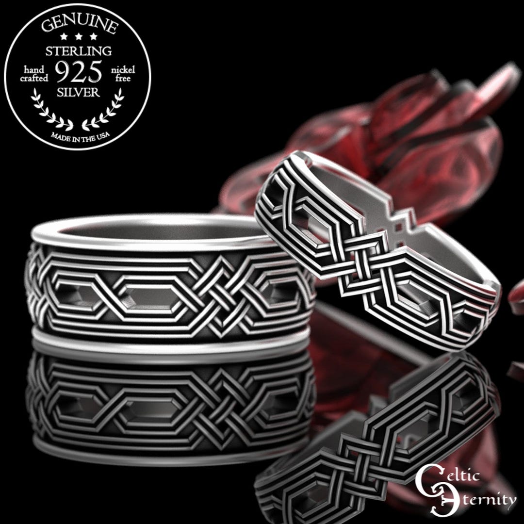 Matching Geometric Viking Wedding Band Set, Sterling His Hers Norse ...