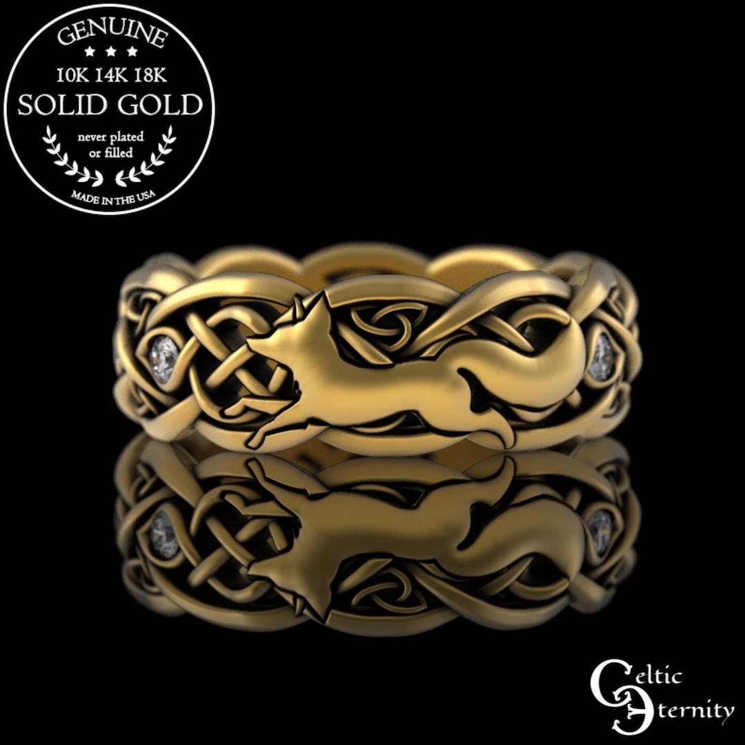 Moissanite Fox Wedding Band, 10K Gold Celtic Fox Ring, Irish Fox Ring ...