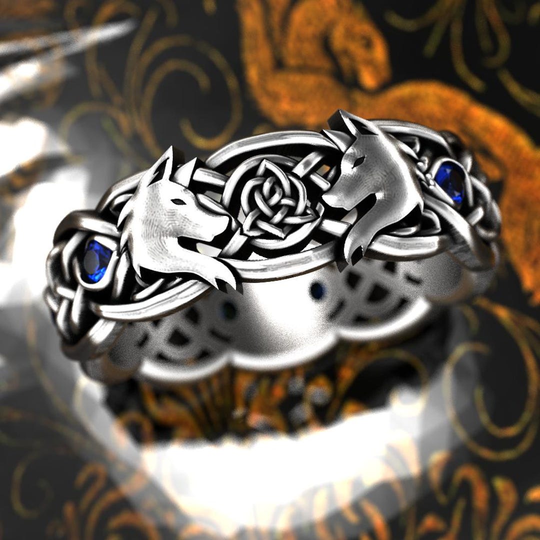 Womens Sapphire Wolf Ring, Sterling Celtic Wedding Band, Silver ...