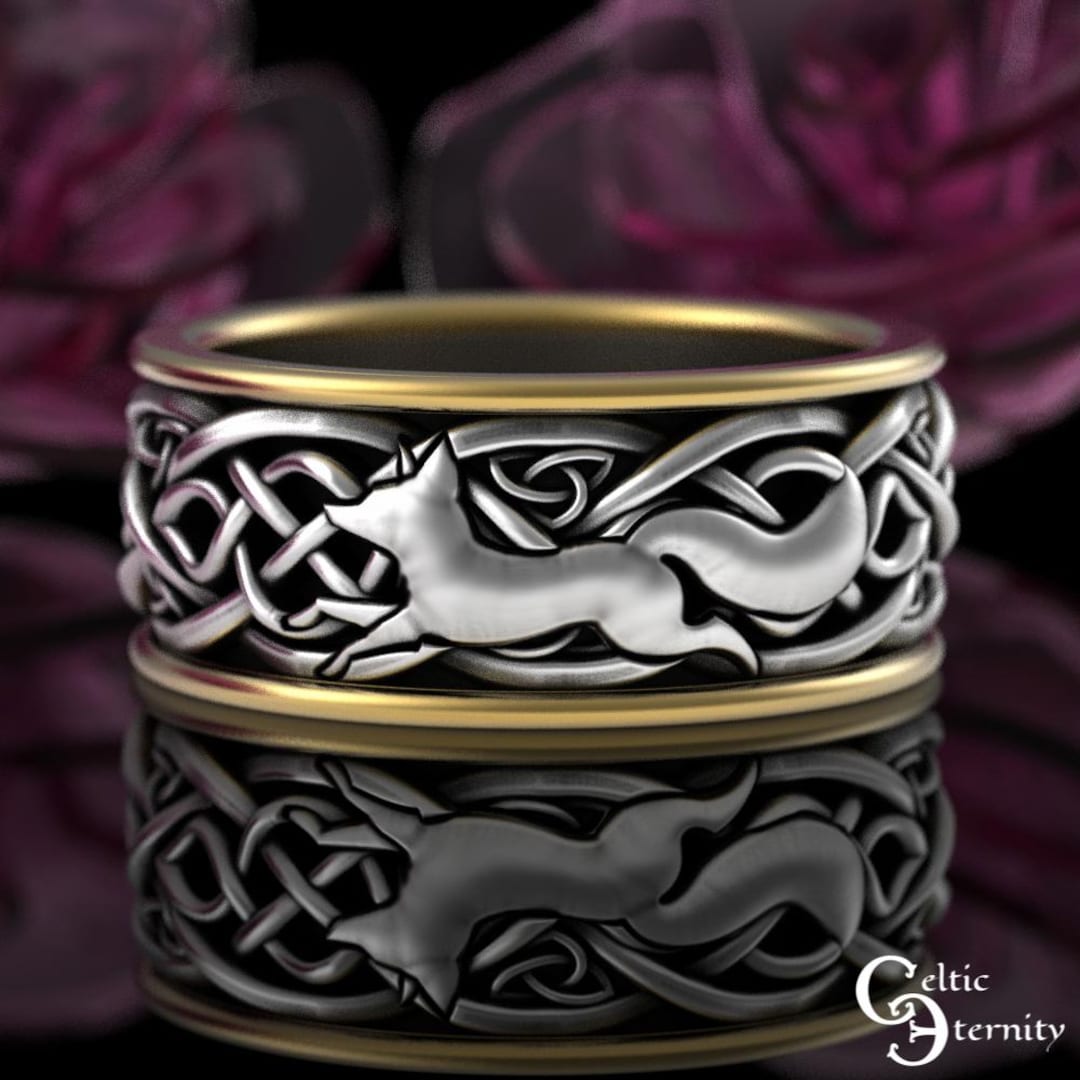 Sterling & 10K Gold Mens Fox Wedding Band, 2tone Man Wedding Ring ...