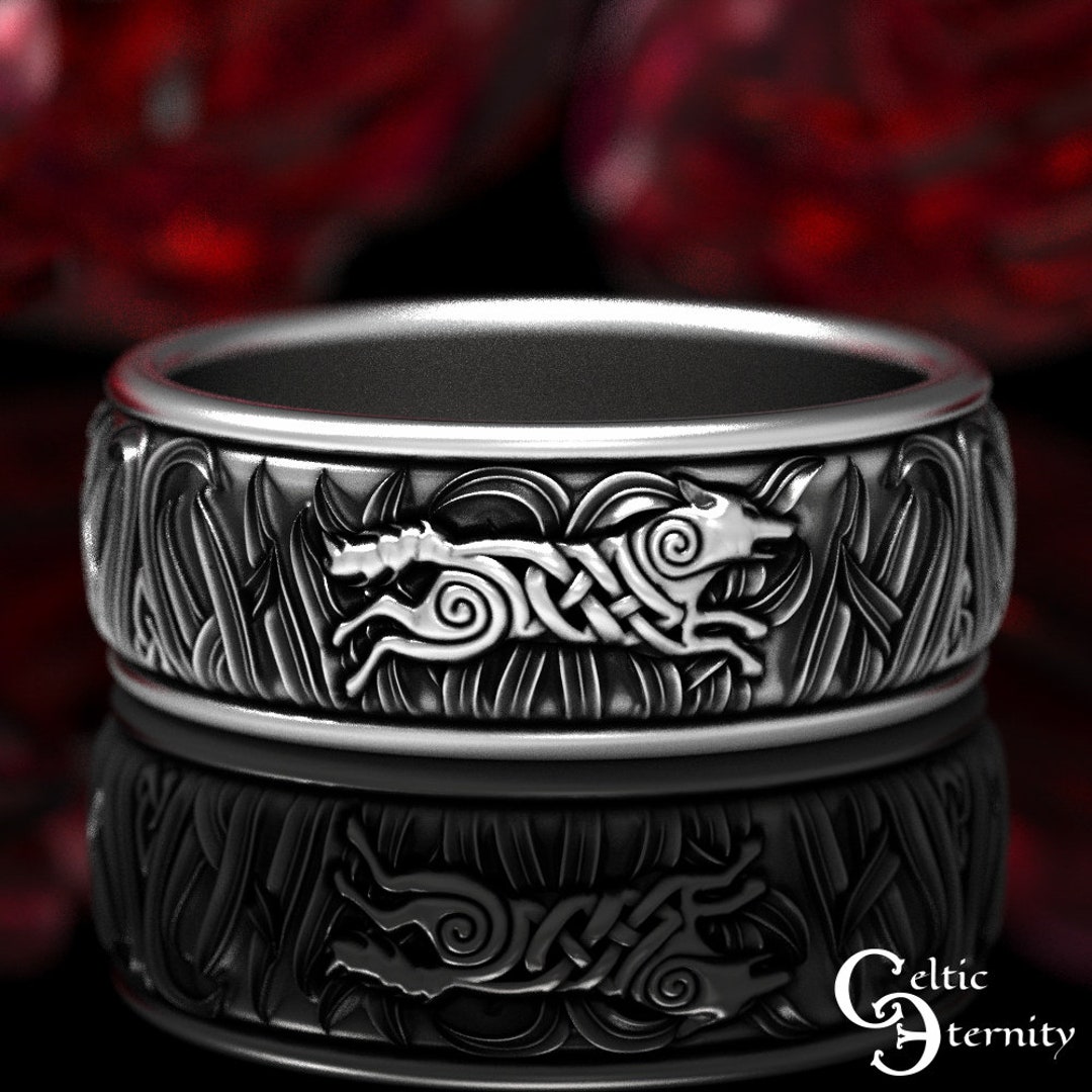Mens Sterling Wolf Ring, Silver Wolf Wedding Band, Celtic Wolf Wedding ...