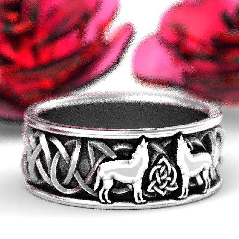 Solid Sterling Silver Celtic Wolf Ring, Wolf Wedding Band, Celtic Mens Wedding band, Mens Wolf ...