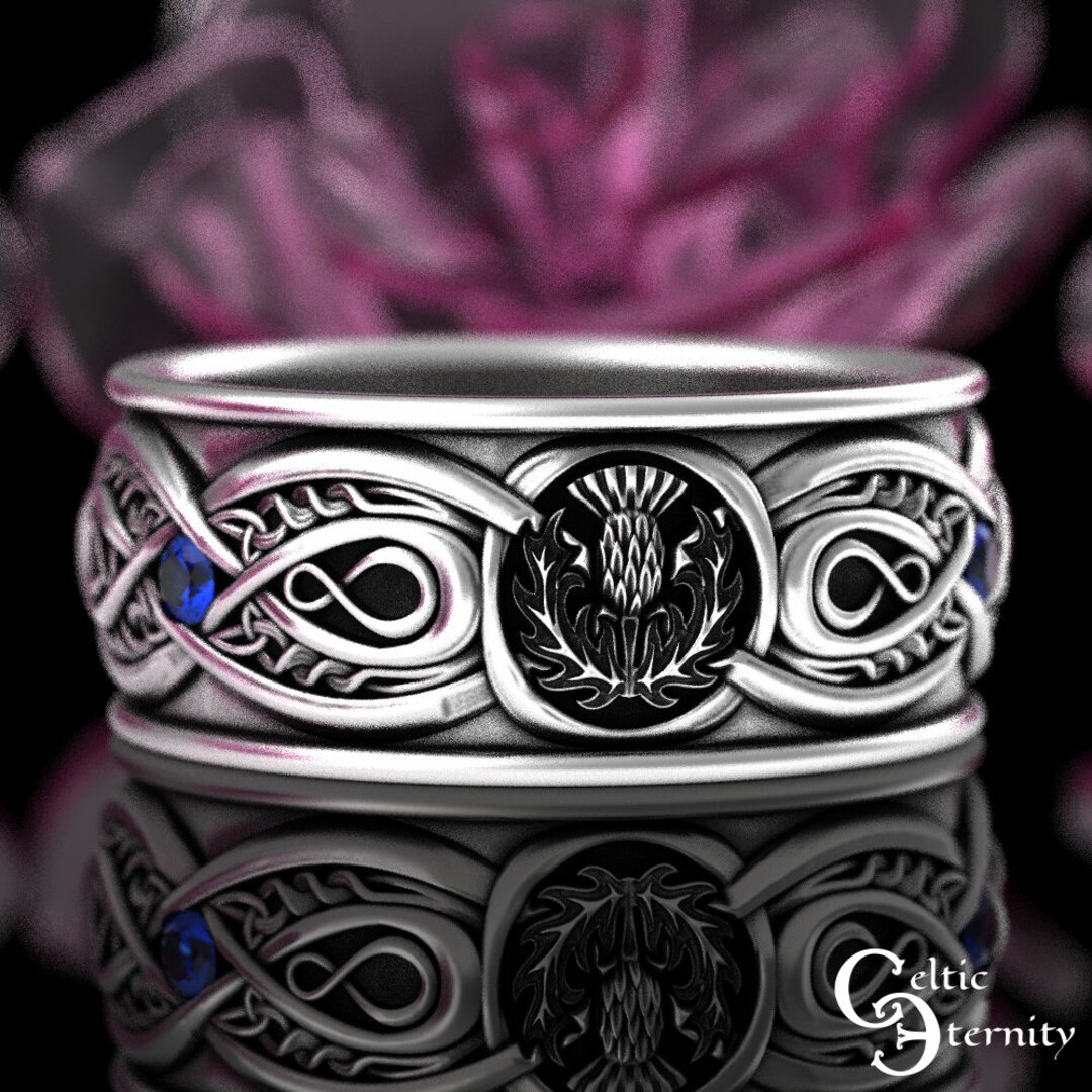 Mens Thistle Wedding Ring, Sterling Scottish Thistle Ring, Sapphire ...