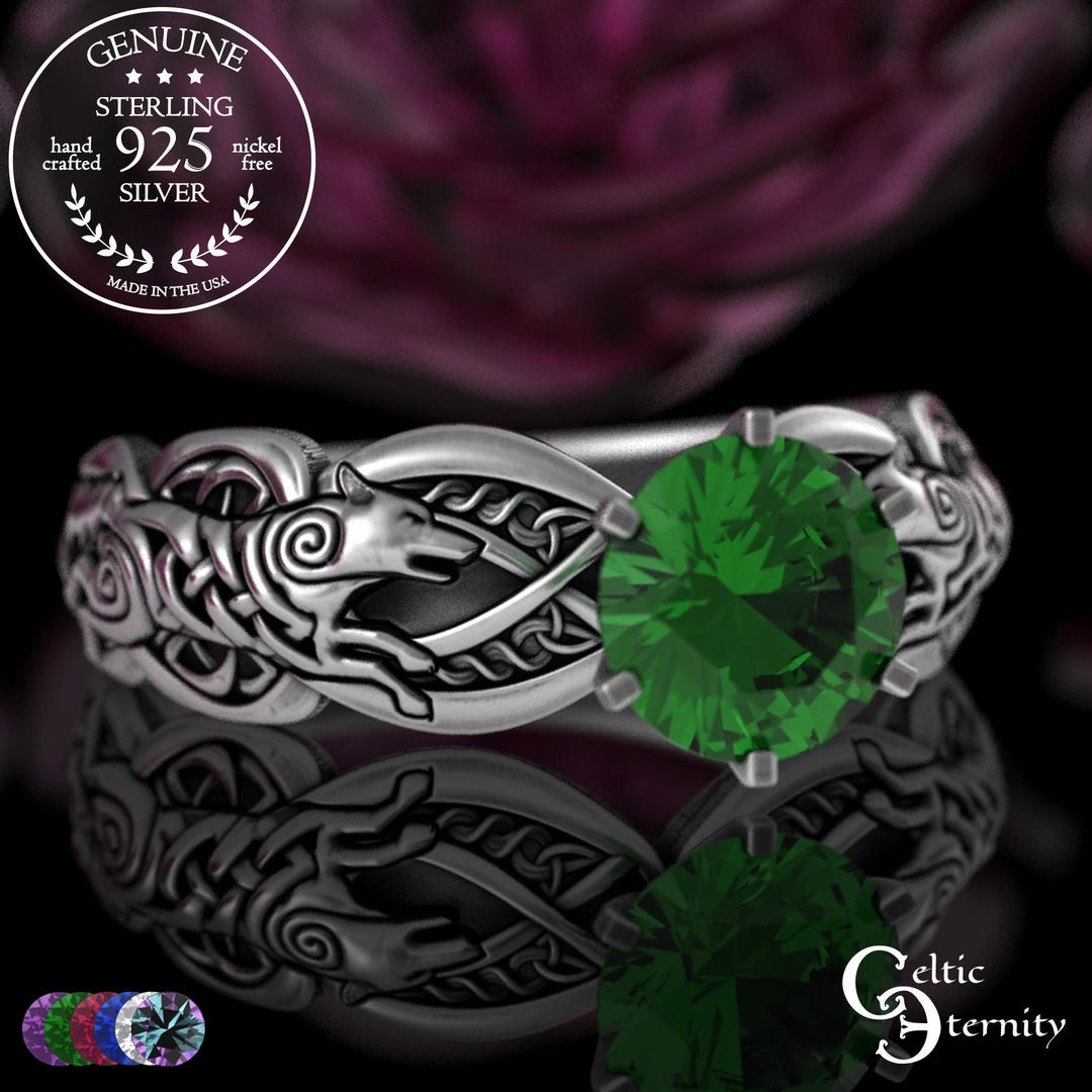 Sterling & Emerald Wolf Bride Ring, Irish Wolf Engagement Ring, Silver ...