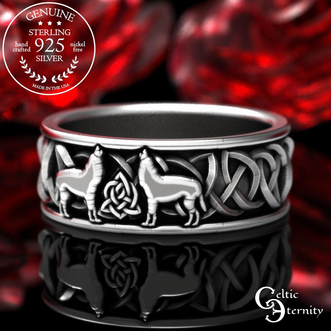 Solid Sterling Silver Celtic Wolf Ring, Wolf Wedding Band, Celtic Mens ...