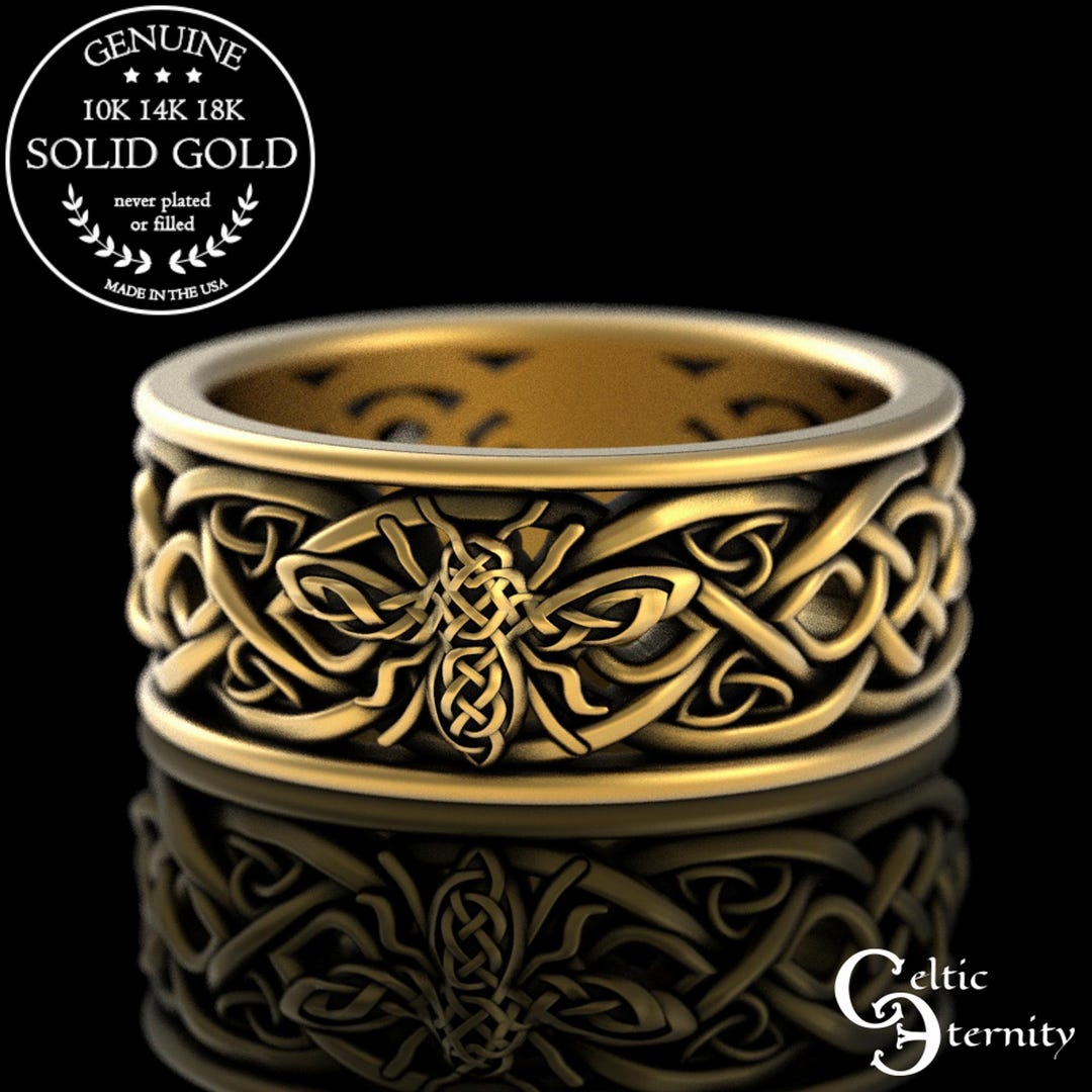 Mens 10K Gold Bee Wedding Band, Irish Bee Wedding Ring, 14K Honeybee ...