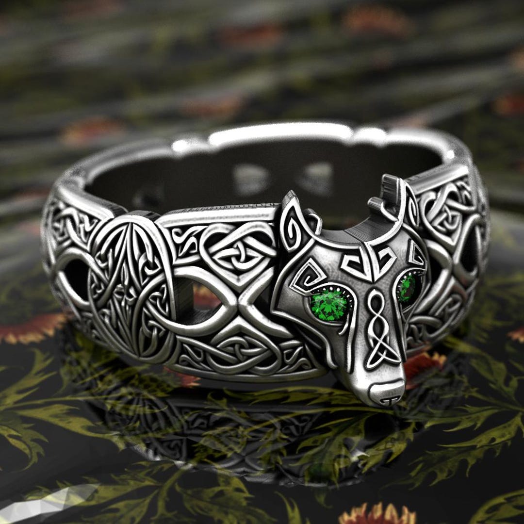 Celtic Wolf Ring, Emerald Eye Wolf Ring, Sterling Wolf Ring, Wolf ...
