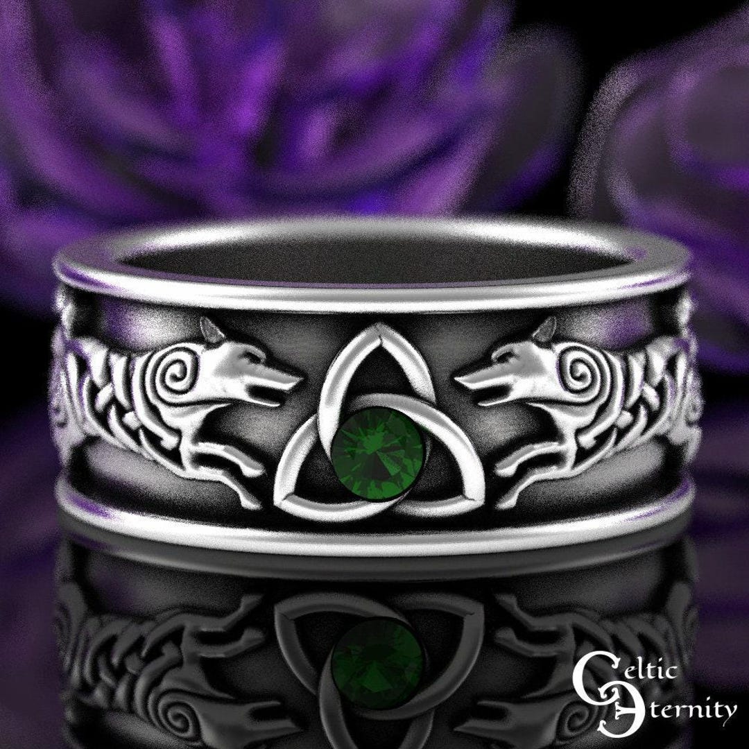 Emerald Wolf Viking Wedding Band, Sterling Norse Wolves Wedding Ring ...