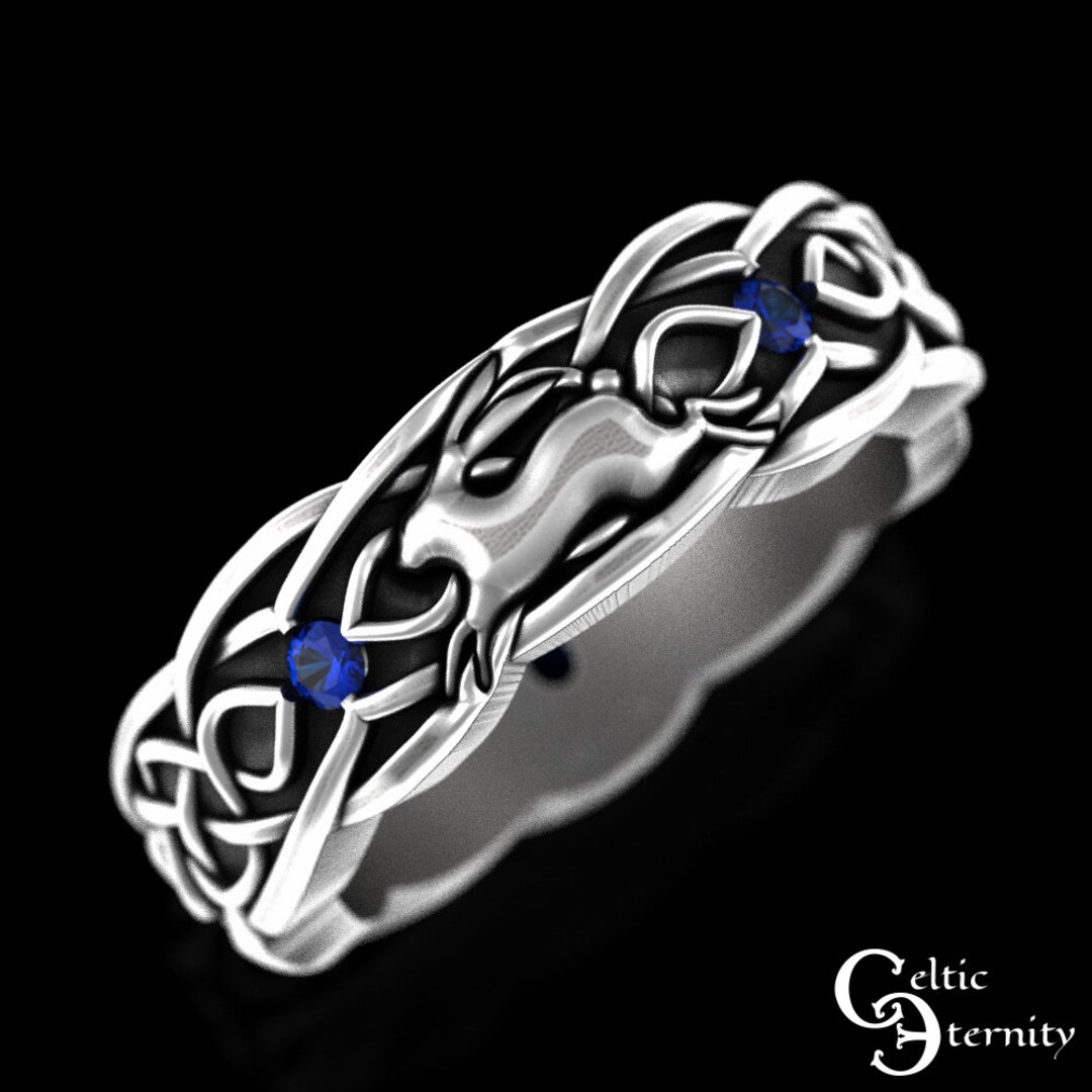 Sapphire Rabbit Wedding Ring, Sterling Celtic Rabbit Ring, Irish Hare ...