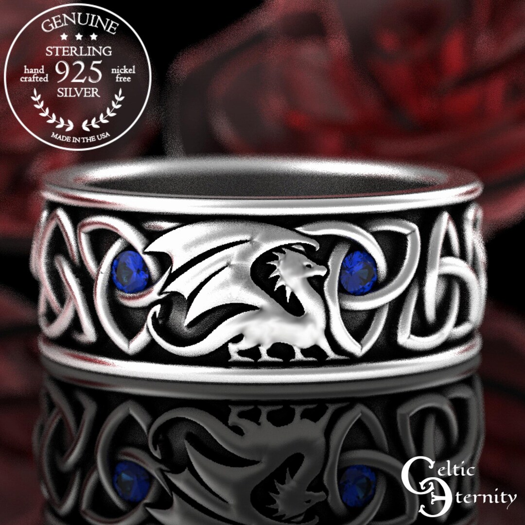 Norse Mens Dragon Ring, Sterling Sapphire Celtic Dragon Ring, Mens ...