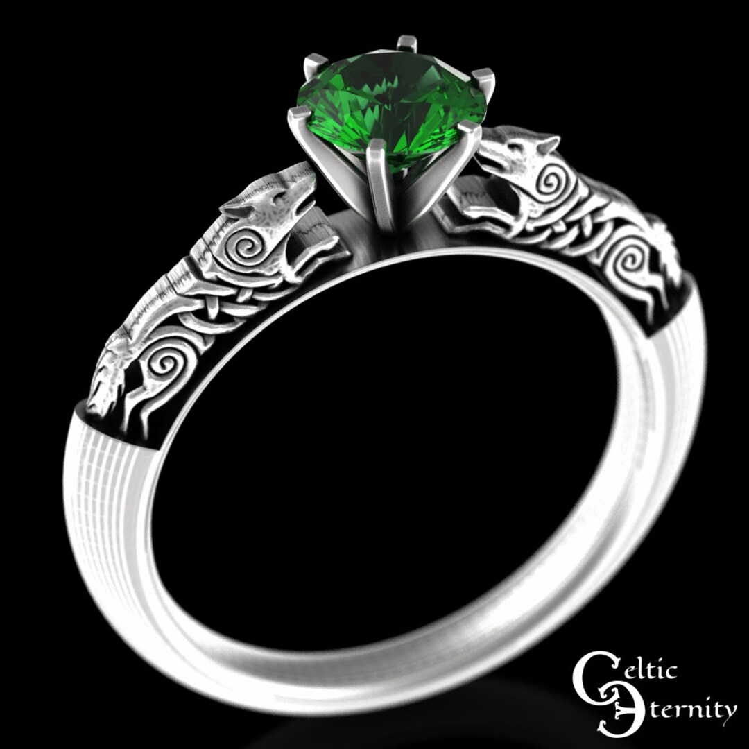 Emerald Engagement Ring, Celtic Wolf Engagement Ring, Silver Wolf Ring, Celtic Solitaire Ring ...