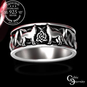 Solid Sterling Silver Celtic Wolf Ring, Wolf Wedding Band, Celtic Mens Wedding Band, Mens Wolf ...
