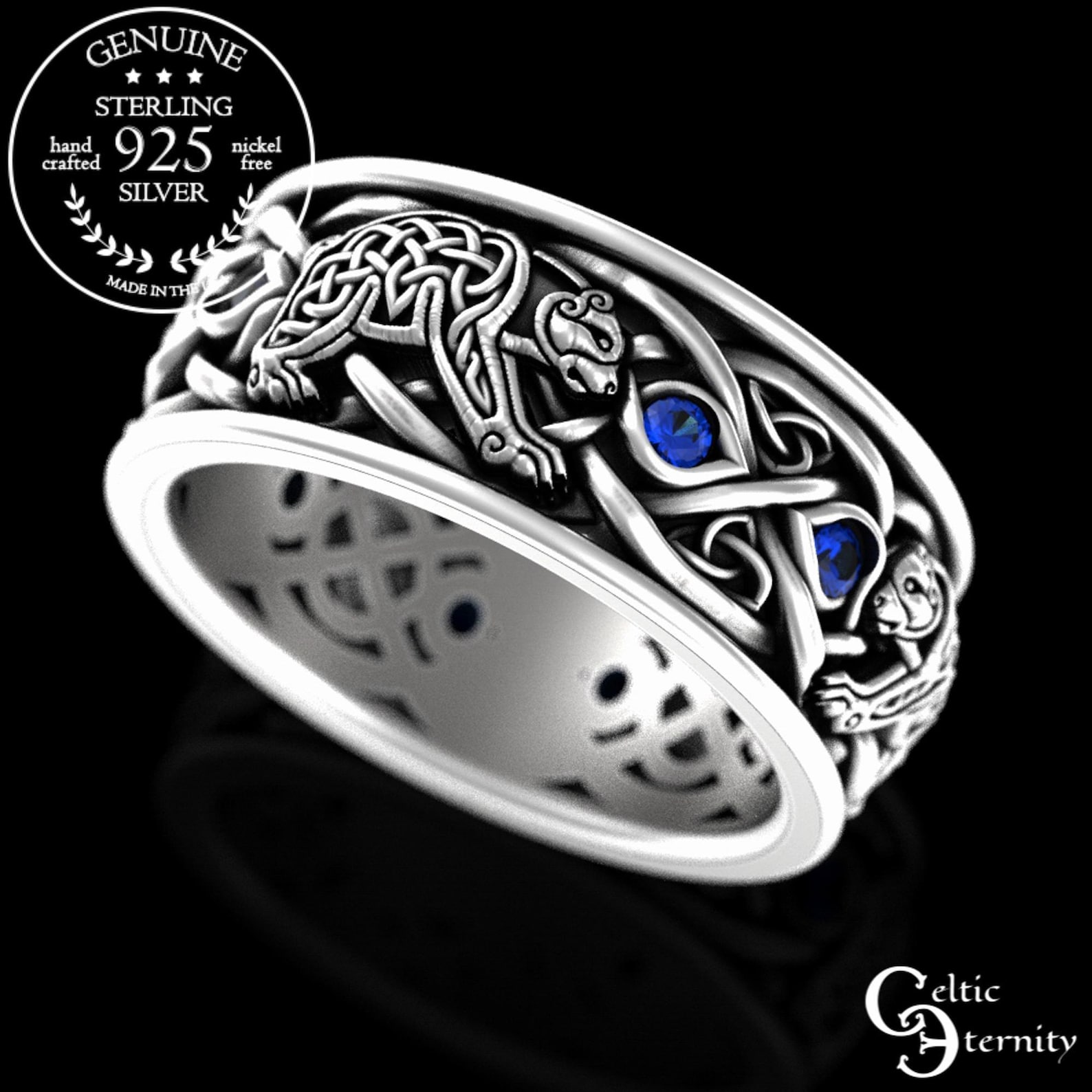 Norse Bear Ring, Sapphire & Sterling Mens Celtic Bear Wedding Band ...