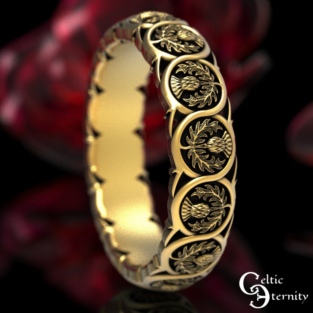 Gold Thistle Wedding Ring, Scottish Thistle Ring, Gold Nature Wedding ...