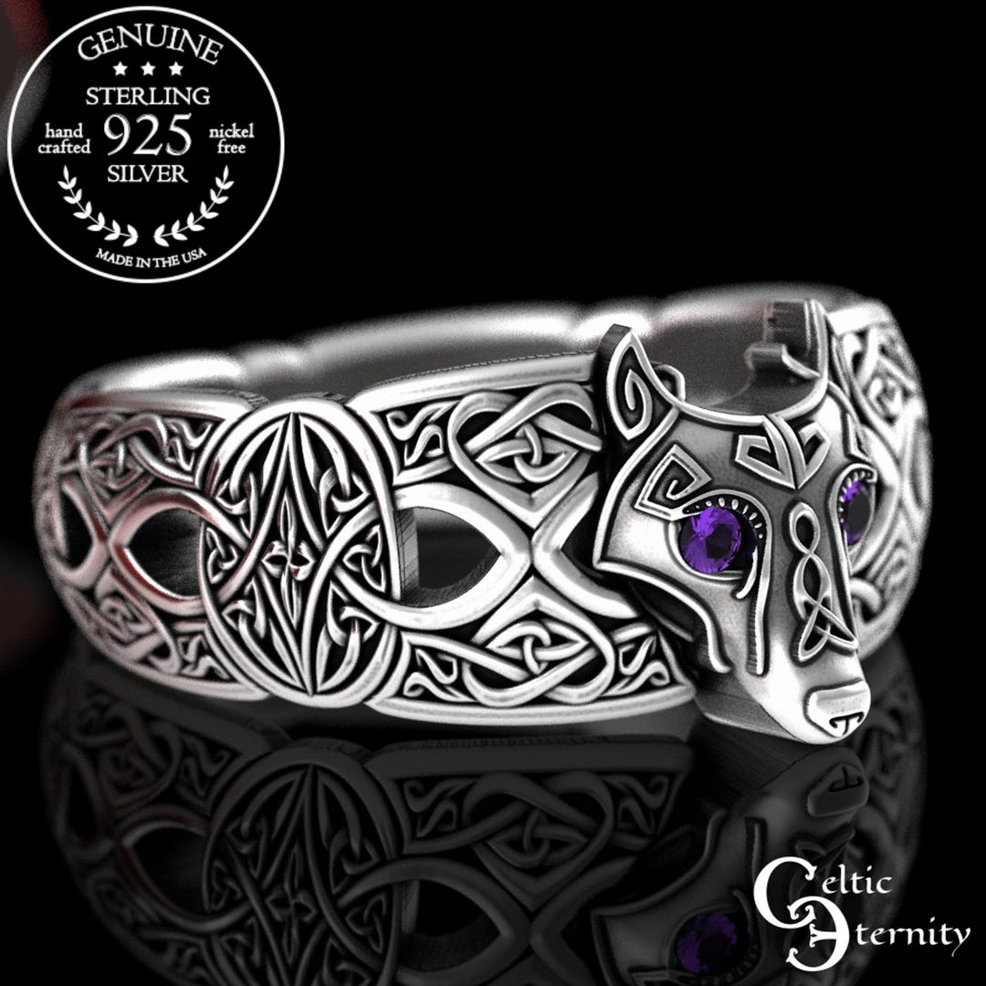 Amethyst Wolf Ring, Sterling Celtic Wolf Ring, Norse Wolf Ring, Wolf Wedding Ring, Viking ...