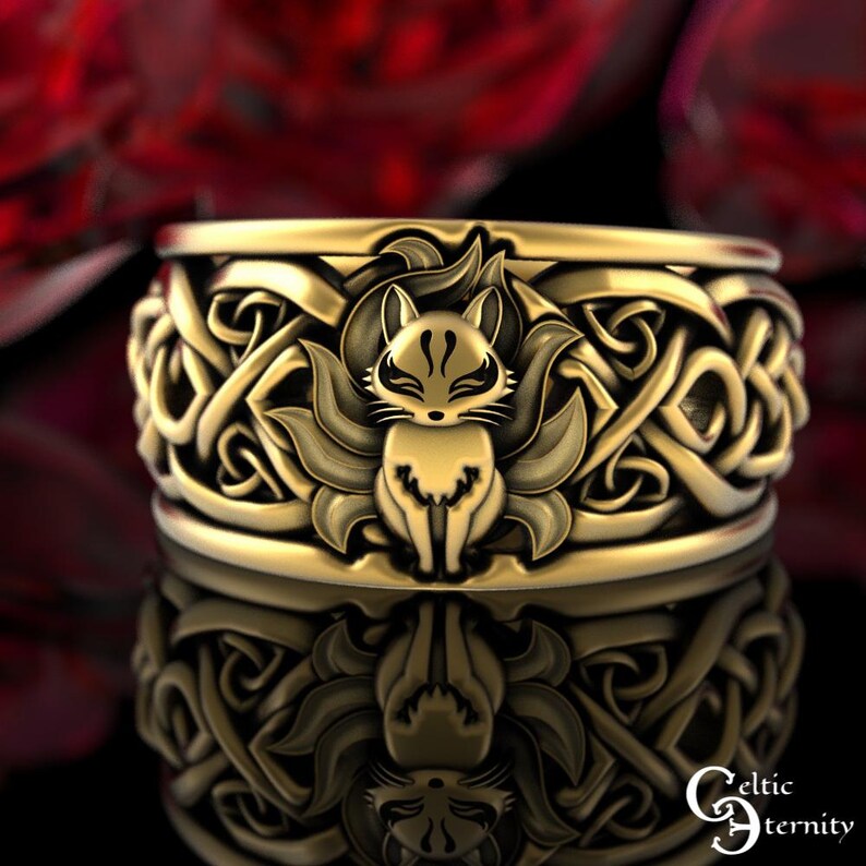 Matching Gold Kitsune Fox Wedding Ring Set, 10K 14K White Gold Celtic ...