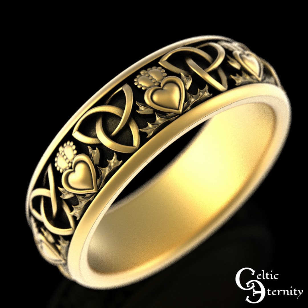 10K Gold Celtic Trinity Wedding Band, 14K Irish Heart Wedding Ring ...