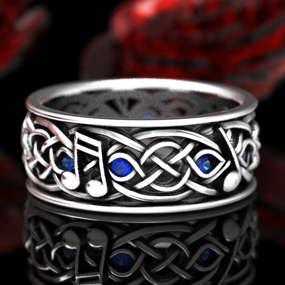Mens Rhythm Glyph Music Ring, Sterling Music Notes Ring, Sapphire Muse ...