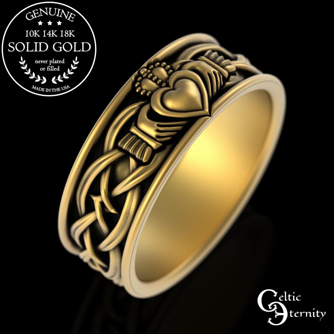 Men's Solid Gold Claddagh Handfasting Ring, 10K 14K 18K Celtic Crown ...